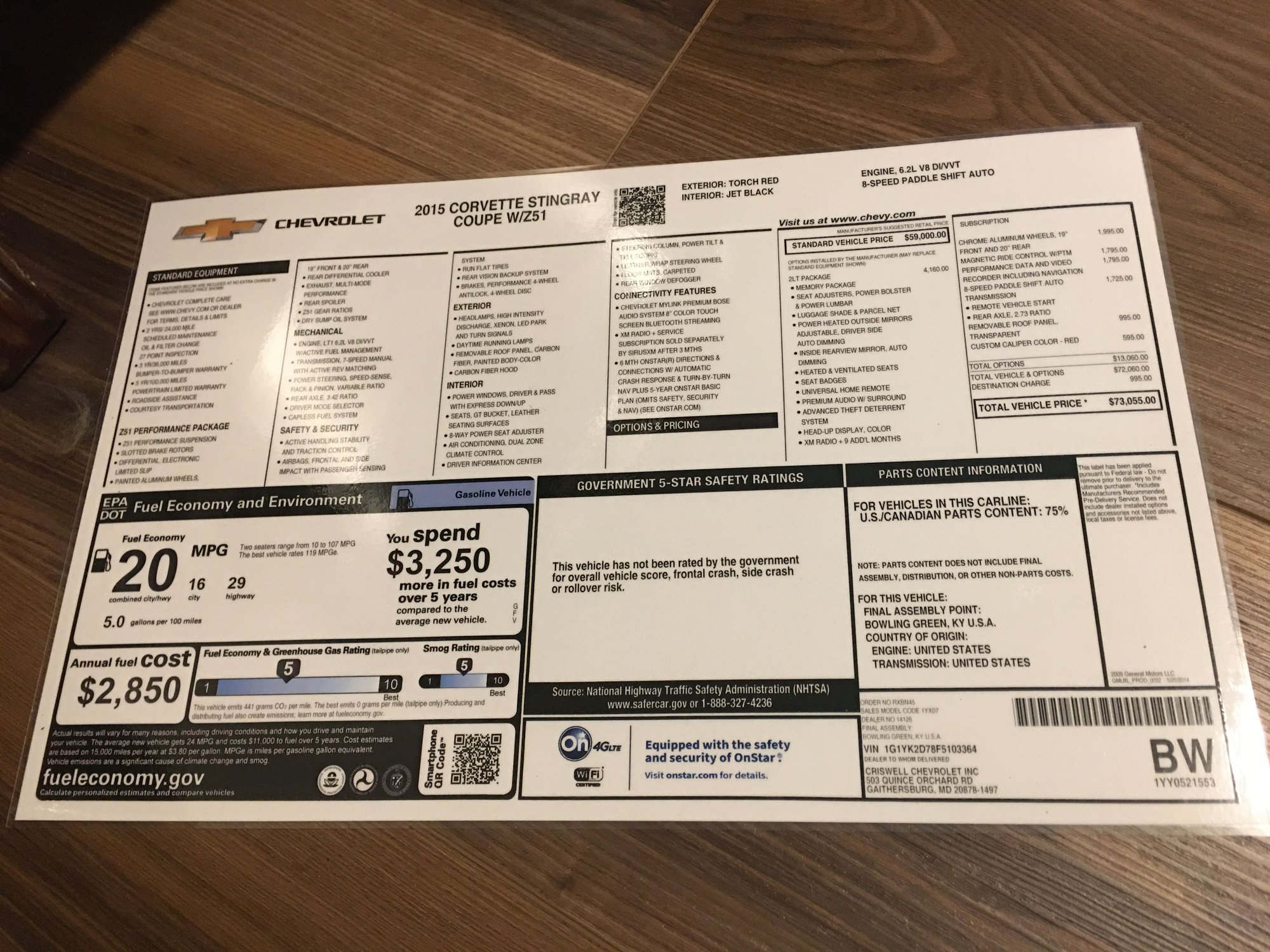 Replacement Window Sticker from Bowling Green - CorvetteForum ...