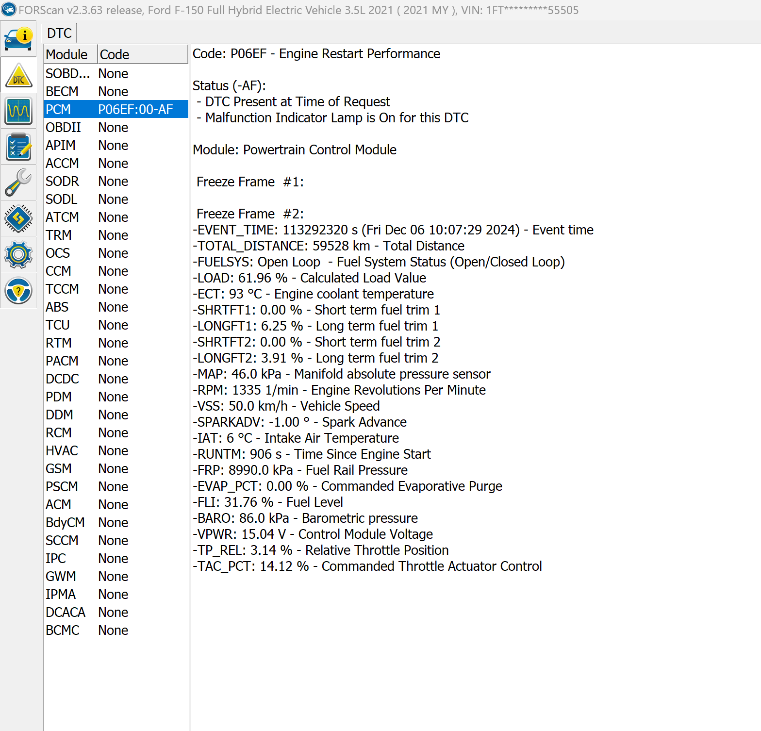 2021 PB. Powertrain Malfunction with code P06EF-00-xx (xx has been AF ...