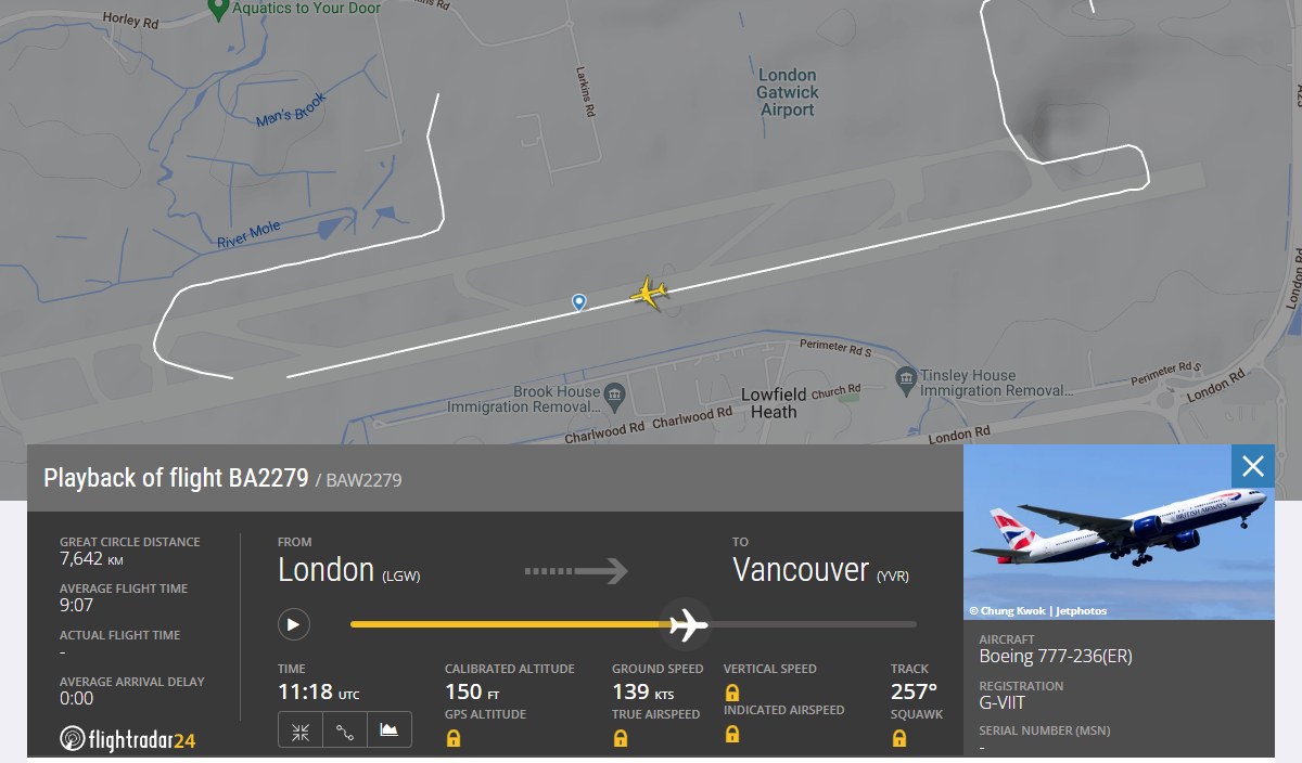 28 Jun : BA2279 LGW-YVR B772 G-VIIT stuck on the runway after rejected ...