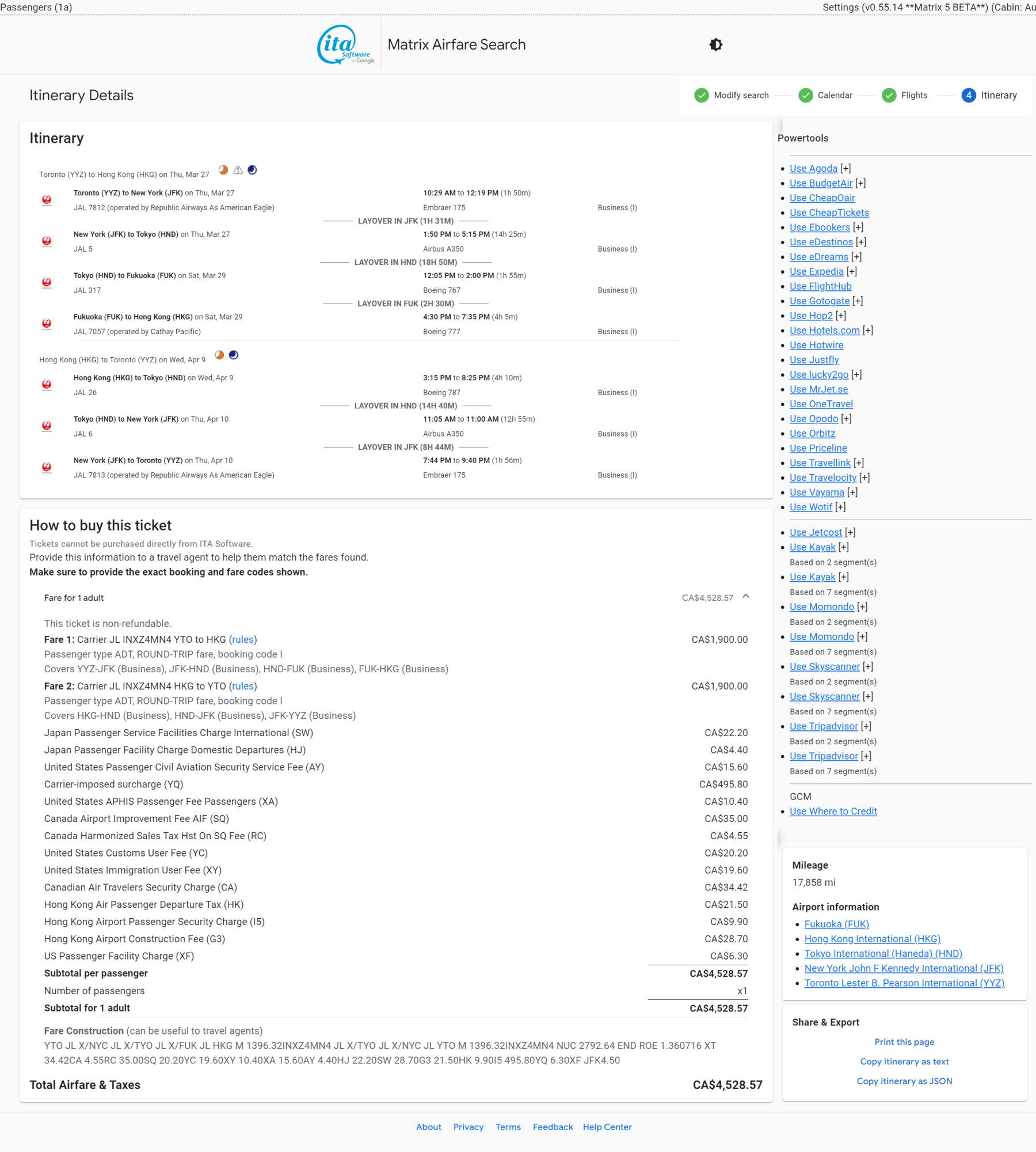 JAL: Yyz-hkg [yyz-lga/jfk-hnd-hkg-hnd-ord] J RT - $4,528.57 (cad ...