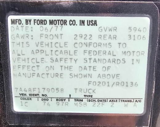 77 Ranchero GT - VIN/Door plate/Valve Cover decode - Ford Truck ...